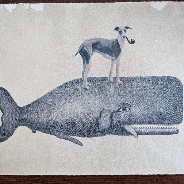 Greyhound Riding Whale Vintage Collage Art Print on Tea Stained Paper ...