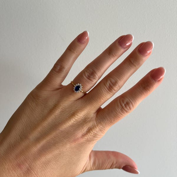 14k Round Cut Sapphire Engagement Ring, Vintage Style Sapphire Halo ...