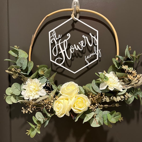 Personalized Wreath Sign, Custom Family Name Sign, Laser Cut Wood Door ...