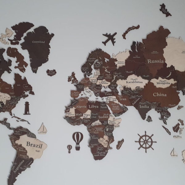 3D Wooden Push Pin Map, Wood Wall Map Collage, 3D Map of the World ...