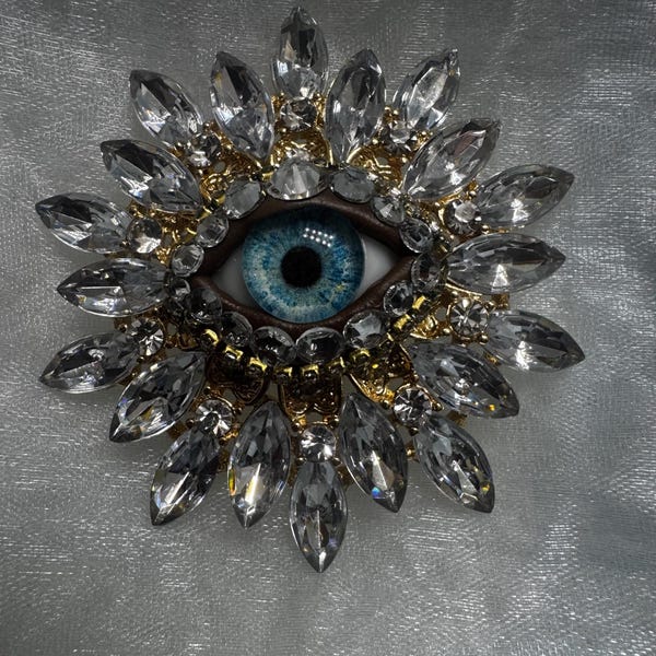 Large Gold Tone Winged Eyeball Art Brooch With a Handmade Blue Glass ...