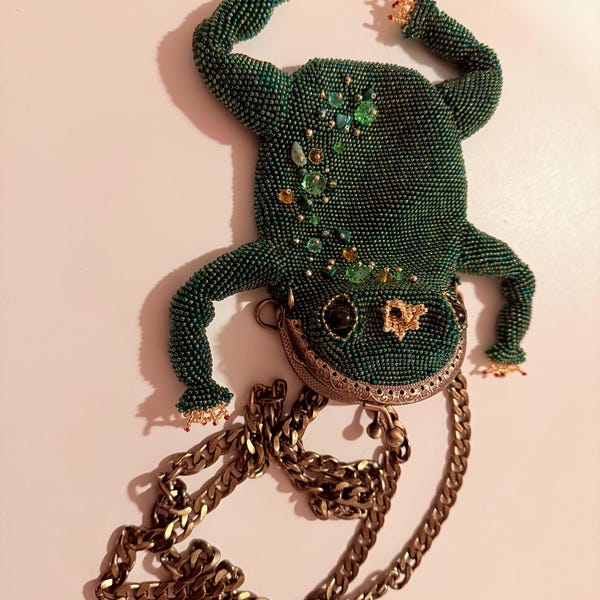 NEW Beaded Crochet Frog Crossbody Purse Bag GREEN - Animal Lover Gift ...