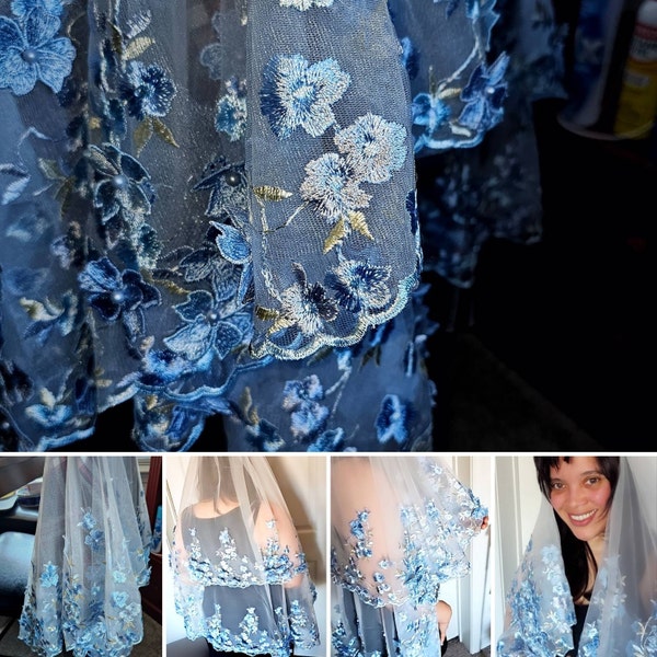 Soft Tulle Blue Flower Lace Wedding Veil, Blue Flowers With Pearls ...