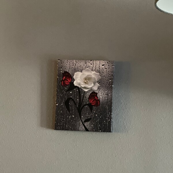 Bathroom Wall Art, Rose Flower, Red Powder Butterflies, Red Gray ...