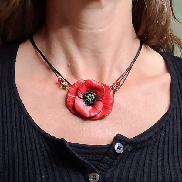 Red Poppy Necklace Statement Poppies Necklace Poppy Jewelry Red Flower ...