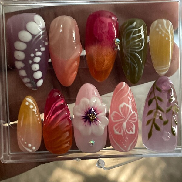 Fairy Tale Flower Long Almond Press on Nails, 3D Fairycore Nails ...