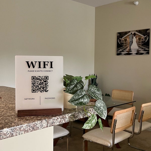 QR Code Wifi Acrylic Sign W/ Wood Base - 6x7.75" Table Sign for Home ...