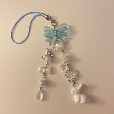 Bunny Bliss Bow Keychain Blue Keychain With White Bunny Charm Kawaii ...