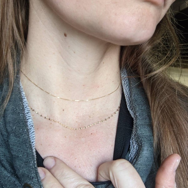 14k Solid Gold Sequin Faceted Chain Necklace, 1.5 Mm Mirrored Dainty ...