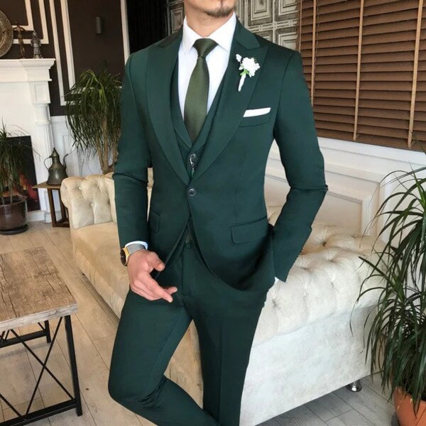 3 Piece Men Suit Peak Lapel Groomsman Tuxedo Wedding Formal Party Prom ...