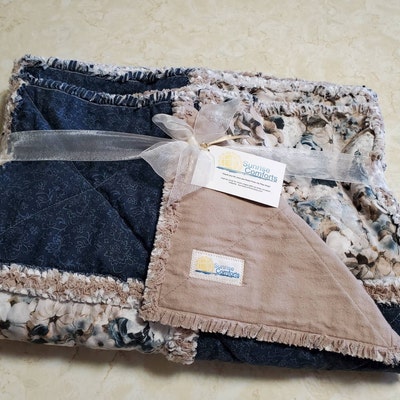 Vintage Style Blue Rag Quilt/navy and Tan Quilt/navy Blue Rag/rag Quilt ...