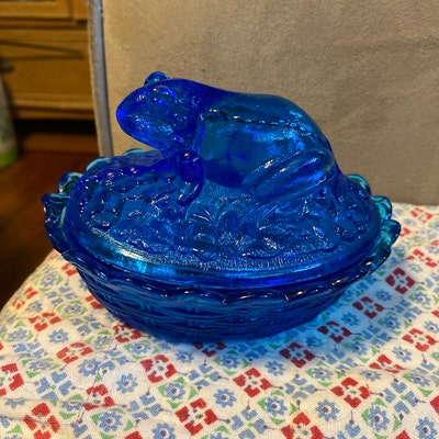 Cow Candy Dish Kemple Glassworks Blue Oval Covered Cow Candy Dish Bull ...