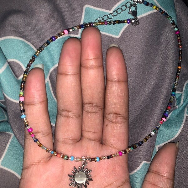 Silver Sun Pendant Choker,sun Necklace,beaded Choker,beaded Necklace ...