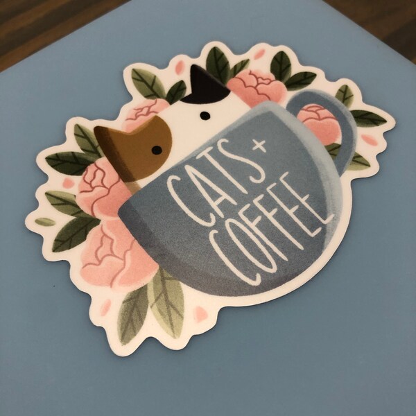Cat Vinyl Sticker, Cat Sticker, Cat Decal, Coffee Vinyl Sticker, Coffee ...