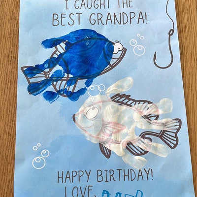 Fishing Birthday Card for Grandpa, Handprint Art Craft, Custom Birthday ...