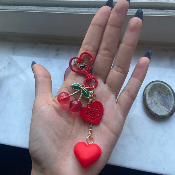 Pink Cherry Keyring With Heart Clasp, Cute Heart Keychain, Keychain ...