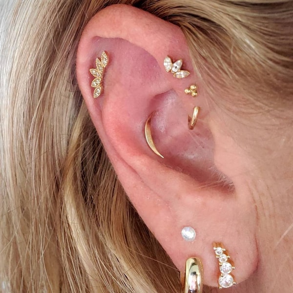 14k Solid Gold Curved Bar Stud Earring Moon Cartilage Earring Tragus ...