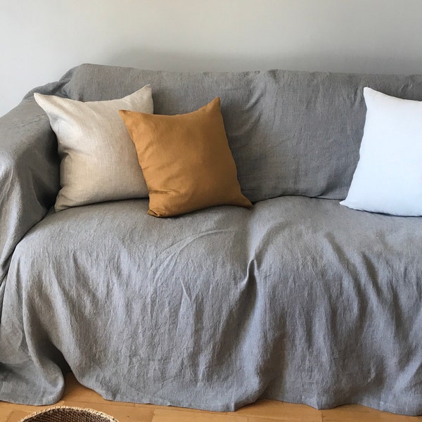 Fossil Grey Linen Couch Cover, Linen Drop Cloth Couch Cover, Natural ...
