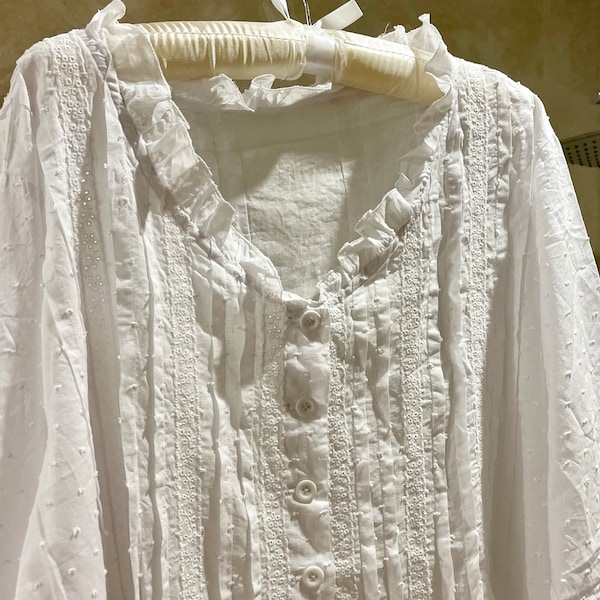 Lorette - Cotton Nightgown With Straps and Insertion Lace - Mini/midi ...