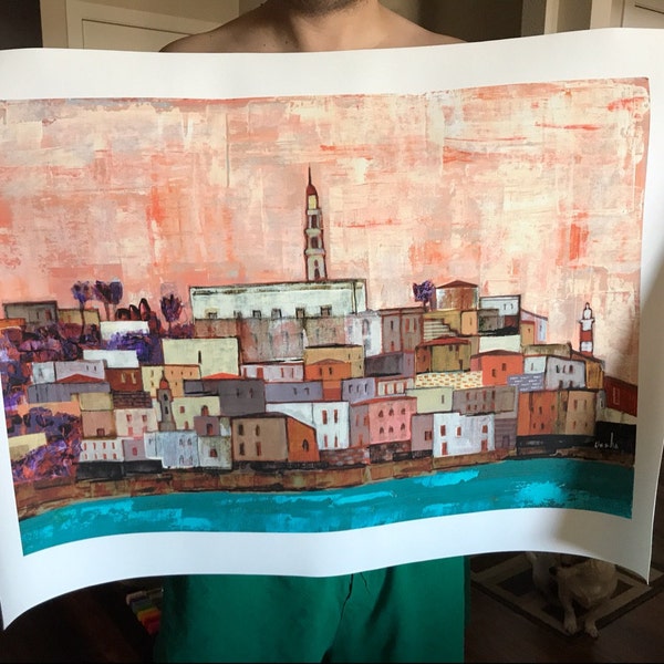 Old Street Wall Art Painting, Realistic Panoramic Scenery Urban Views ...
