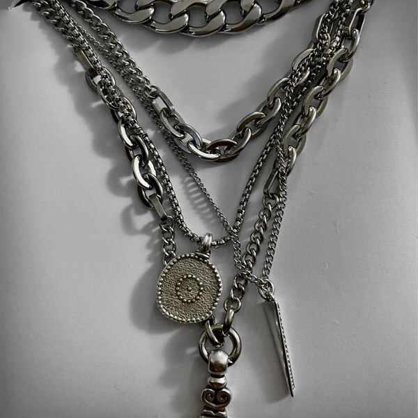 Chunky Multi Layer Silver Necklace for Women in Stainless Steel With ...