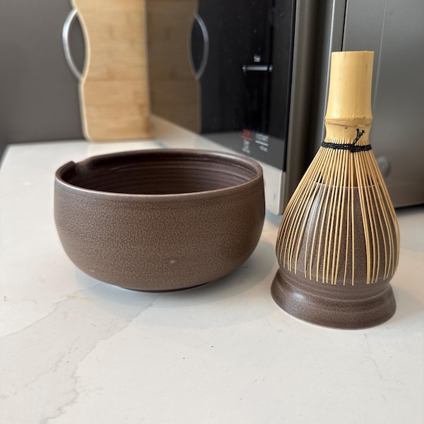 Beige Ceramic Matcha Bowl Set With Spout and Whisk Holder Handmade ...