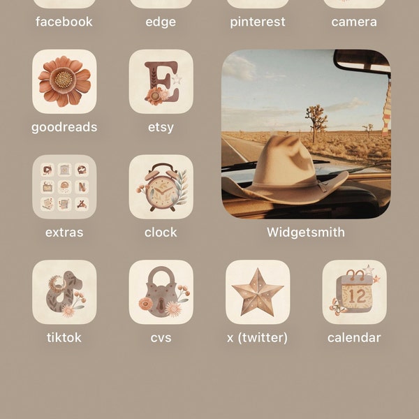 Beige Aesthetic iPhone Icon Set With Flowers and Stars, Boho Themed App ...