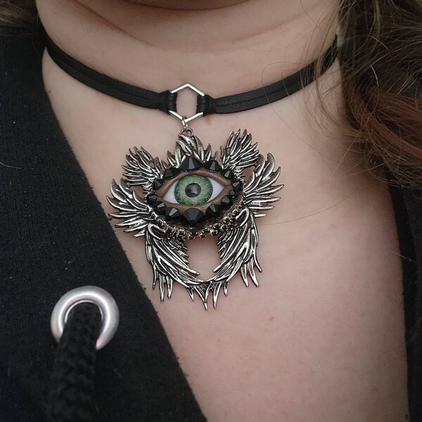 Large Gold Tone Winged Eyeball Art Brooch With a Handmade Blue Glass ...