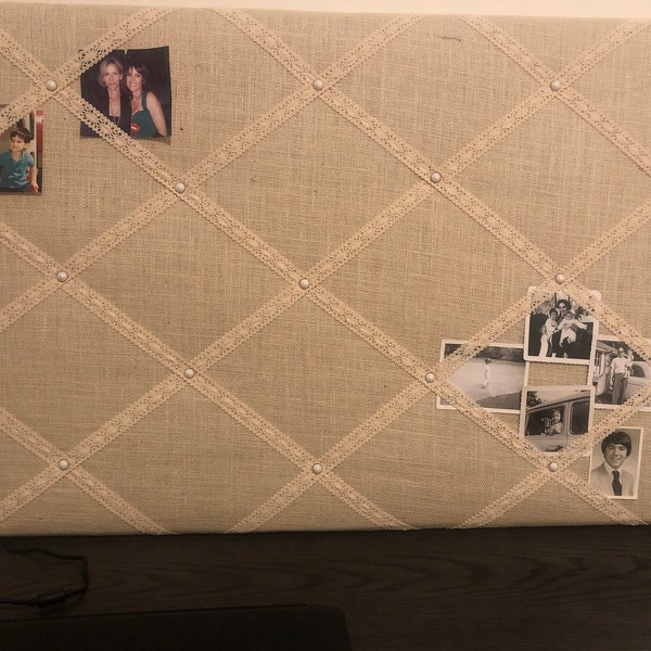 French Burlap and Lace Memo Board, Crochettrim, Ribbon Buttons ...
