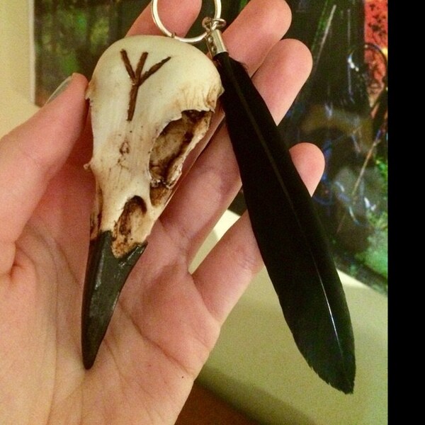 Crow Skull With Custom Rune Necklace, Resin Replica Hand Painted ...