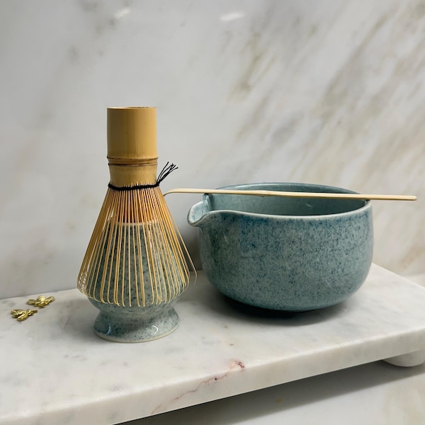 Blue Ceramic Matcha Bowl Set With Bamboo Whisk and Chasen Holder Unique ...