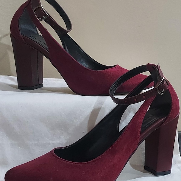 Burgundy Bridal Shoes, Dark Red Velvet Wedding Heels, Low Block Heels ...