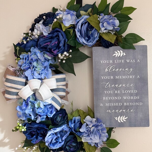 Rustic Sympathy Wreath, Memorial Door Hanger With Flowers, Bereavement ...