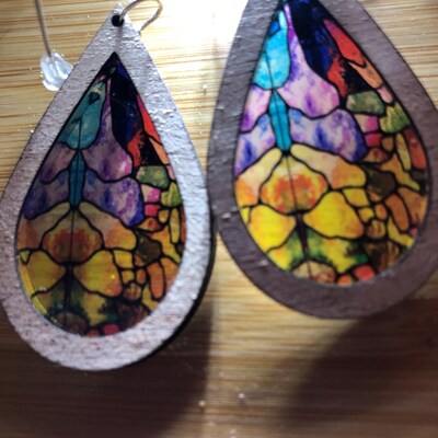 Mosaic Stained Glass Earrings // Teardrop // Mahogany Wood // Bright ...
