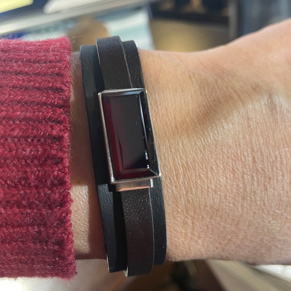 Leather and Astrophyllite Cuff Bracelet, Solid Sterling Silver Bezel ...