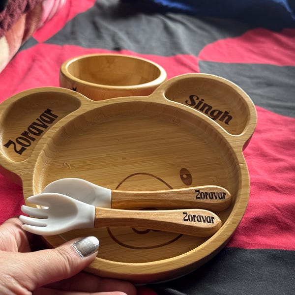 Personalised Children Dinner Set | Bamboo Plate and Spoon | Stay Put ...