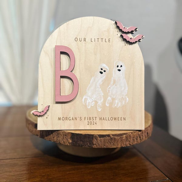 DIY Footprint Art, Baby's First Halloween, My Little Boo Sign, Wooden ...