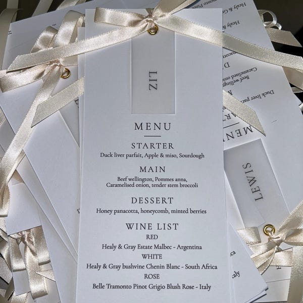 Ribbon Wedding Menu With Name Card, Let's Eat, Ribbon, Place Card ...