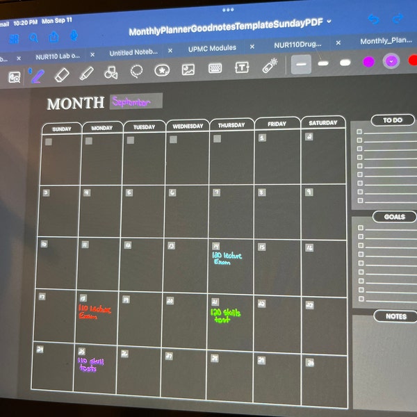 Monthly Planner Goodnotes Template, Dark Mode Monthly Planner Page ...