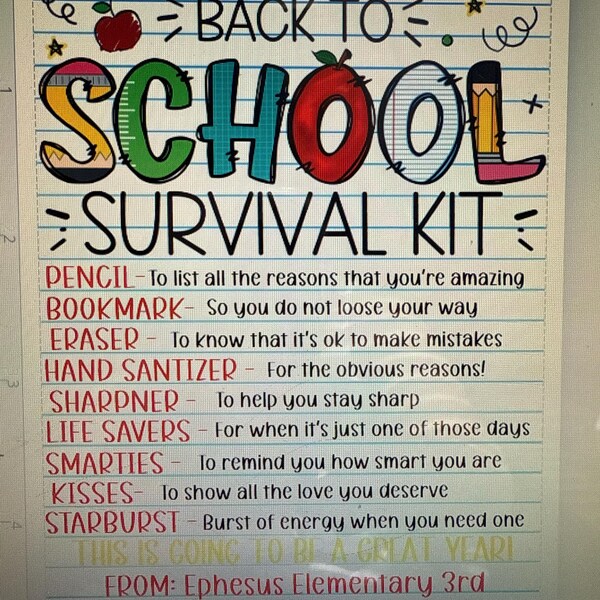 Back to School Survival Kit Gift Tag, Welcome Back First Day, Gift for ...