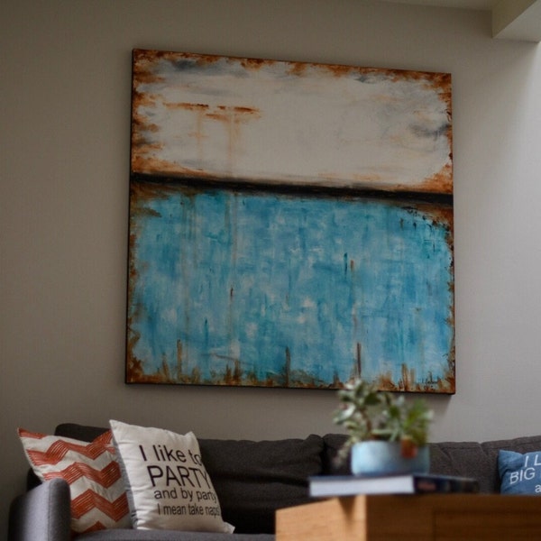 Original Large Square Abstract Painting White Blue Contemporary Art ...