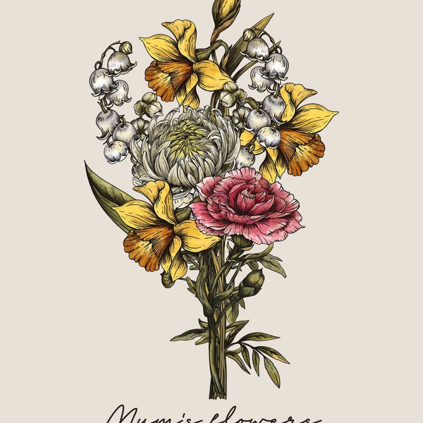 Birth Flower Family Bouquet, Birth Month Flower Art Custom, Hand Drawn ...