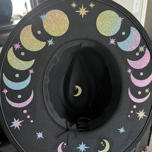 Wide Brim Hat, Silver Moon and Stars Hat, Wide Brim Fedora, Goth Hat - Etsy