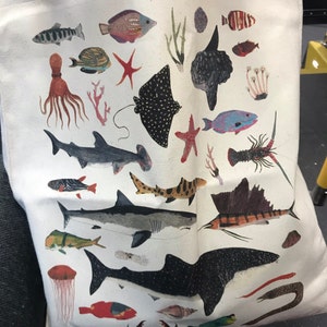 Sea Life Tote Bag, Canvas Tote Bag, Fair Trade, Shark Print, Fish ...