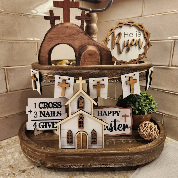 Easter Tiered Tray Decor , Easter Tier Tray , He is Risen, Religious ...