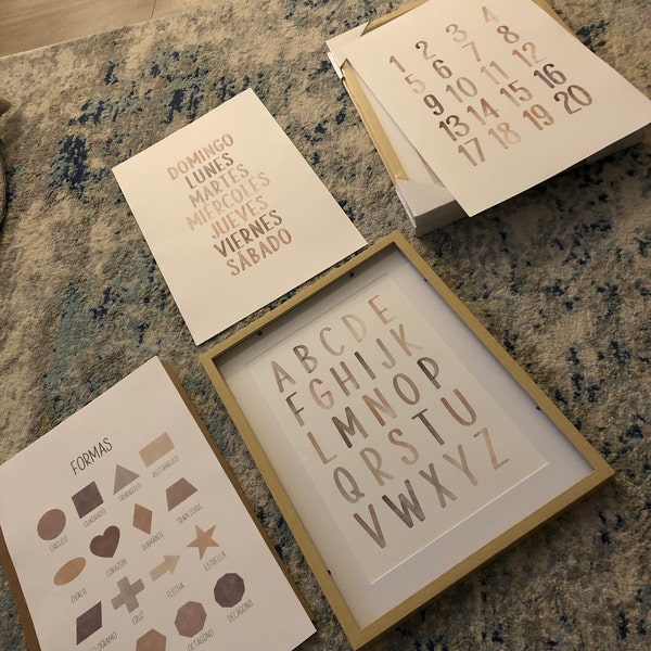 SET of 4 Prints, Watercolor Alphabet Number Week Shapes, Neutral ...