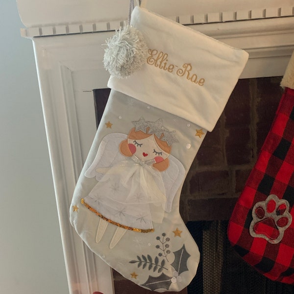 Angel Christmas Stocking, Cream Angel Stocking, Personalized Christmas ...