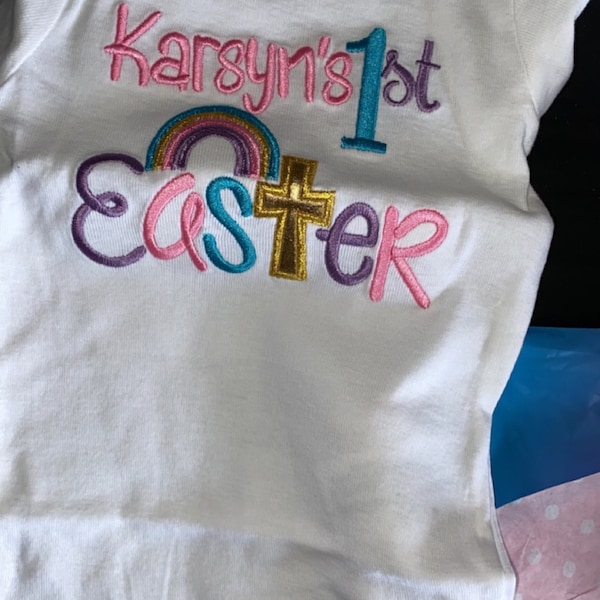 Personalized 1st Easter - Girls Embroidered Rainbow First Easter Shirt ...