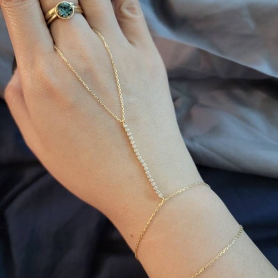 14K Solid Gold Hand Chain Bracelet Hand Bracelet - Etsy