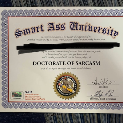 Smart Ass University Sarcasm Certificate Digital or Printed Funny Gag ...